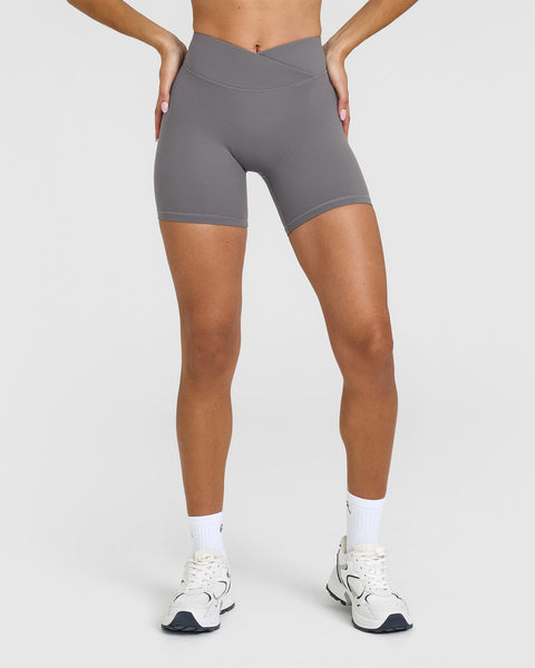 High Waisted Workout Shorts - Wrap Waistband - Grey | Oner Active