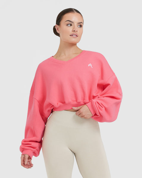 Pink V-Neck Sweatshirt Women's Oversized | Oner Active
