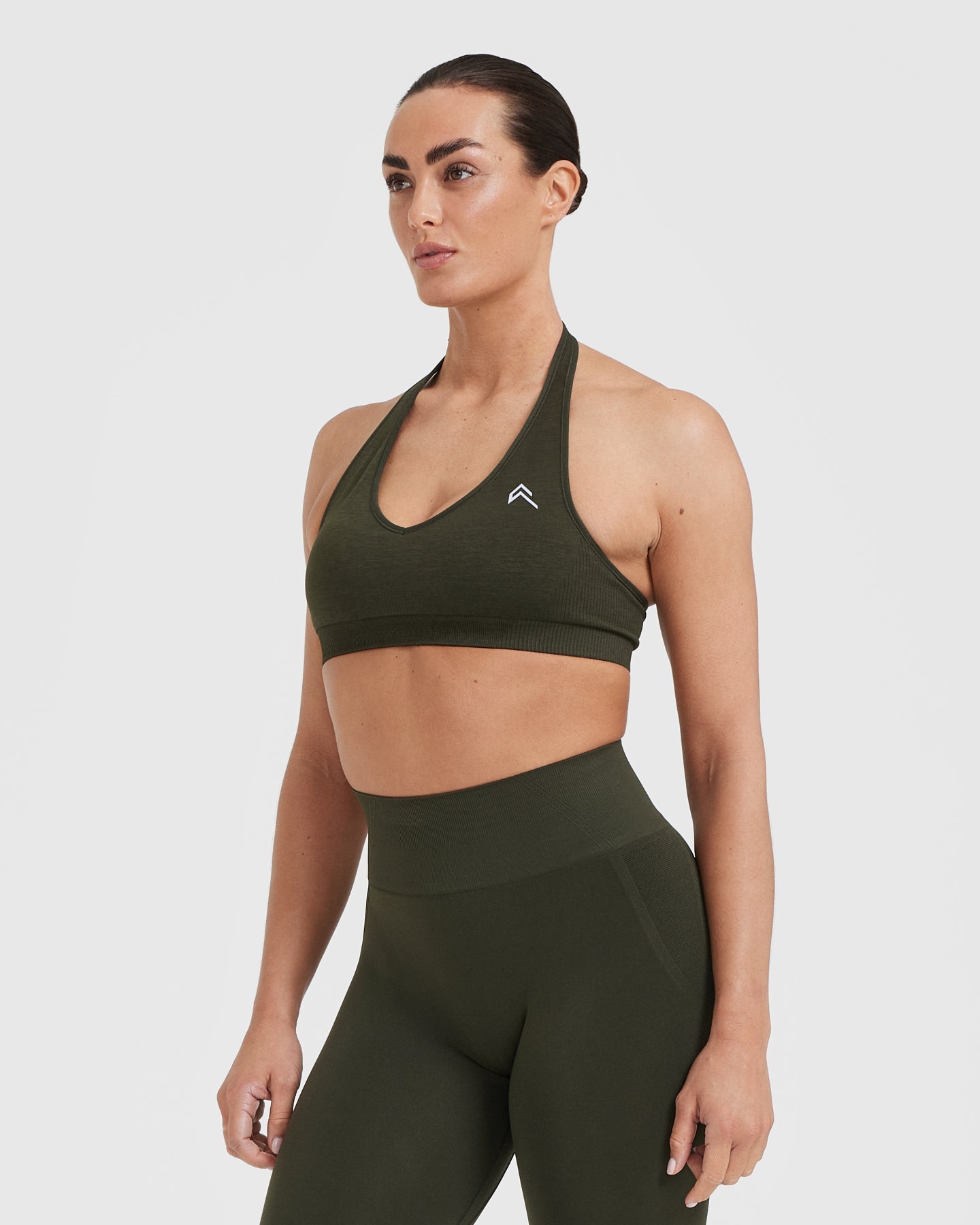 Classic Seamless 2 0 Halter Neck Bralette Khaki Marl Oner Active